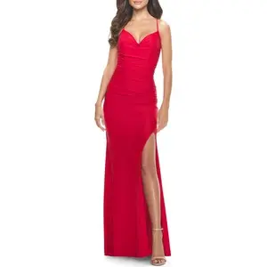 La Femme Ruched Jersey Gown With Lace-up Back - Red