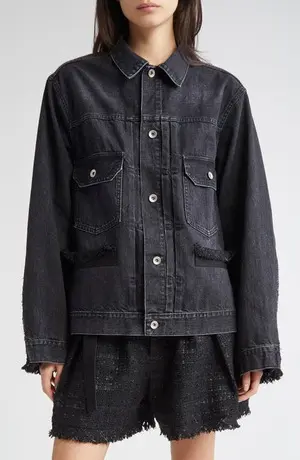 Sacai Mixed Media Denim & Tweed Trucker Jacket - Black/ Black 002