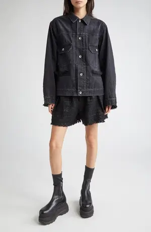 Sacai Mixed Media Denim & Tweed Trucker Jacket - Black/ Black 002