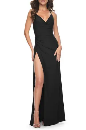La Femme Jersey Gown With Ruching And Slit - Black