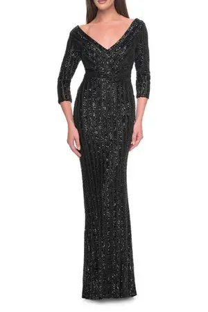 La Femme Evening Dress With Sequin Fabric And Sleeves