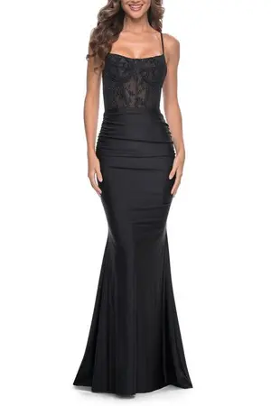 La Femme Ruched Jersey Gown With Illusion Corset - Black