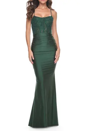 La Femme Ruched Jersey Gown With Illusion Corset - Dark Emerald