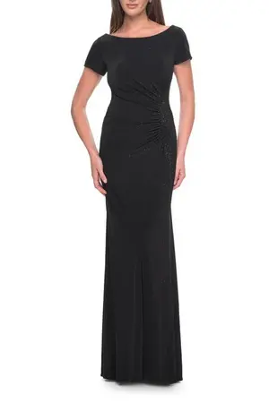 La Femme Long Jersey Evening Gown With Rhinestone Details - Black