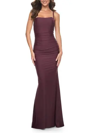 La Femme Ruched Jersey Dress With Lace Up Back - Wine