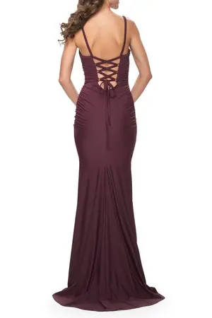 La Femme Ruched Jersey Dress With Lace Up Back - Wine