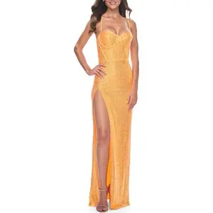 La Femme Sequin Bustier Prom Dress - Orange