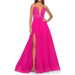 La Femme Illusion Lace Bodice A-line Tulle Gown - Hot Fuchsia