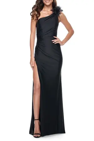 La Femme One-shoulder Feathered Jersey Gown - Black