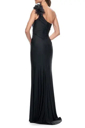 La Femme One-shoulder Feathered Jersey Gown - Black