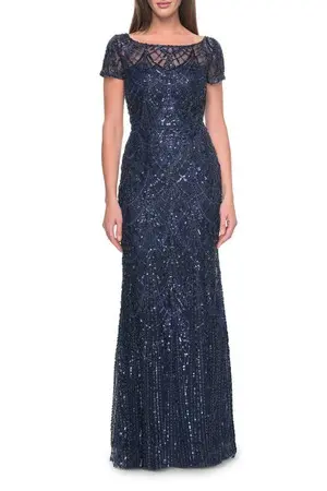 La Femme Beaded Gown - Navy