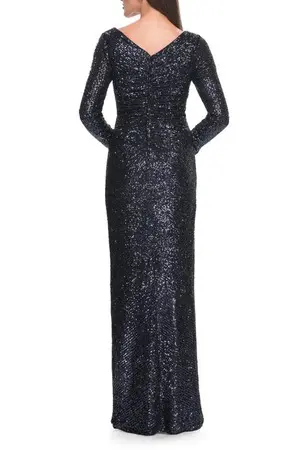 La Femme Long Sleeve Sequin Evening Gown - Navy