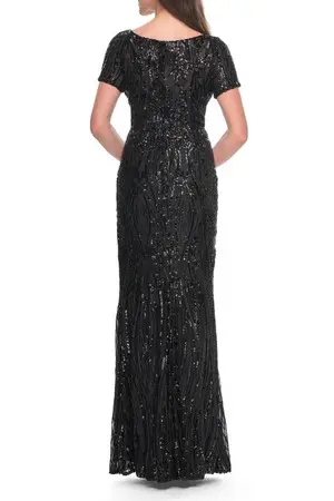La Femme Print Sequin Evening Dress
