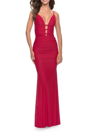 La Femme Jersey Gown With Twisted Bodice - Red