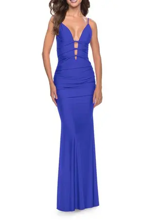 La Femme Jersey Gown With Twisted Bodice - Royal Blue