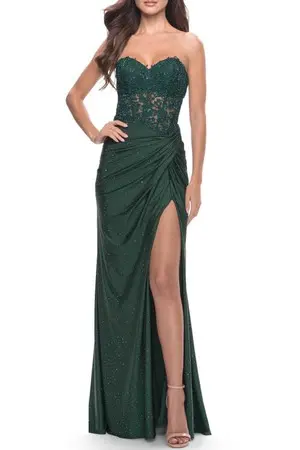 La Femme Sheer Lace Applique Bodice Gown - Dark Emerald