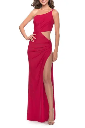 La Femme One-shoulder Gown With Cut Out - Red