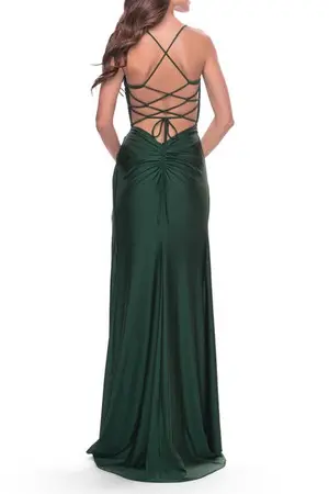 La Femme Cut Out Jersey Gown - Emerald