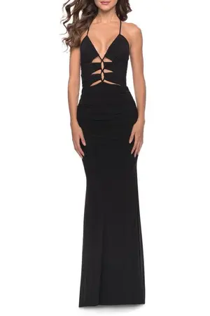 La Femme Cut Out Net Jersey Prom Gown - Black
