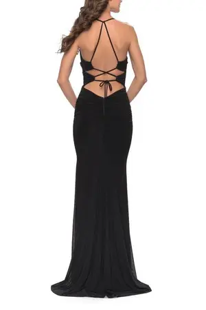 La Femme Cut Out Net Jersey Prom Gown - Black
