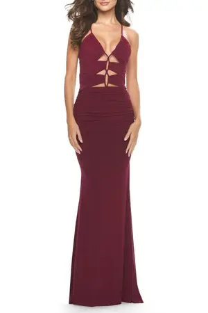 La Femme Cut Out Net Jersey Prom Gown - Dark Berry