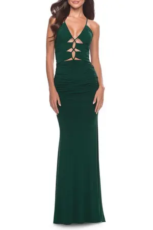 La Femme Cut Out Net Jersey Prom Gown - Dark Emerald