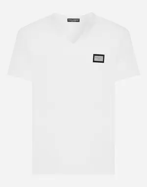 Dolce & Gabbana Cotton V-neck T-shirt With Branded Tag - White