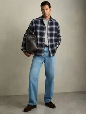 REISS Crosby Check Patch Pocket Overshirt With Wool - Navy Multi