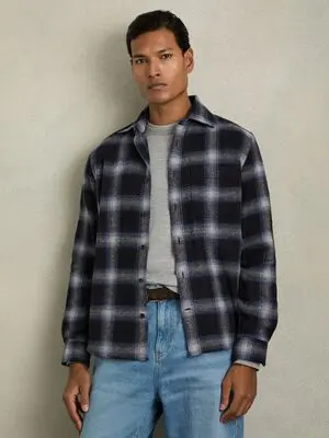 REISS Crosby Check Patch Pocket Overshirt With Wool - Navy Multi