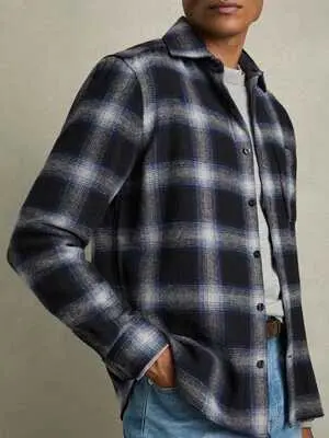 REISS Crosby Check Patch Pocket Overshirt With Wool - Navy Multi