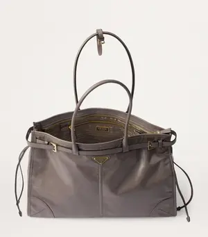 Prada Large Leather Tote Bag With Belted Detail - Grey