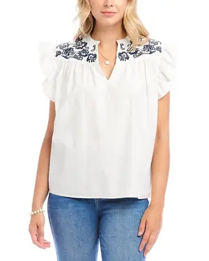 Karen Kane Embroidered Ruffled Top - Off White/ Navy