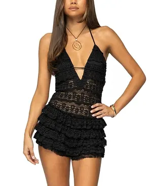 EDIKTED Lanney Ruffled Sheer Lace Romper - Black