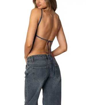 EDIKTED Backless Satin Effect Polka Dot Top - Navy