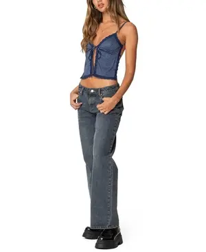 EDIKTED Backless Satin Effect Polka Dot Top - Navy