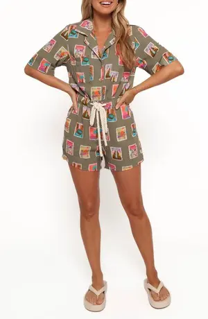 PETAL & PUP Everlee Postcard Print Romper - Olive Print