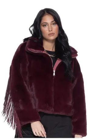 BLUE REVIVAL Dancing In The Moonlight Faux Fur Fringe Jacket - Merlot