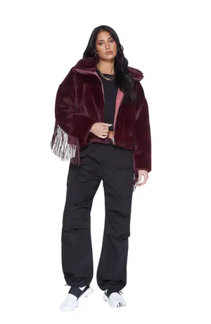 BLUE REVIVAL Dancing In The Moonlight Faux Fur Fringe Jacket - Merlot