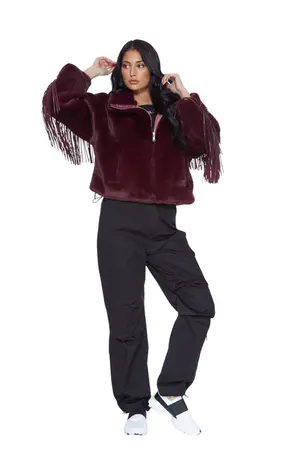 BLUE REVIVAL Dancing In The Moonlight Faux Fur Fringe Jacket - Merlot