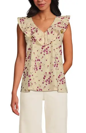 LANDS' END V-neck Ruffle Top - Cream/granite Snowdrop Floral