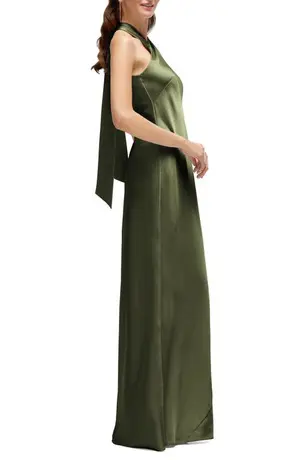After Six Bias Cut Stretch Satin Charmeuse Gown - Olive Green