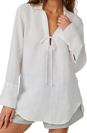 Bella Dahl Tie Neck Linen Tunic Top - White