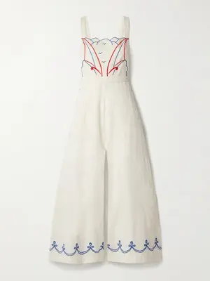 BODE Embroidered Cotton And Linen-blend Jumpsuit - Neutrals