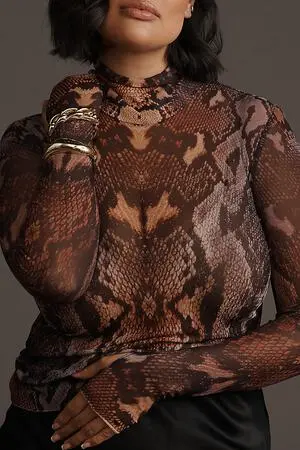 AFRM Zadie Plus Long-Sleeve Turtleneck Mesh Top Snake