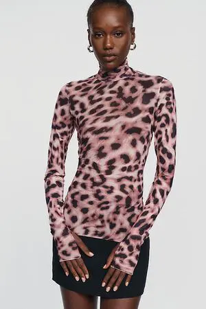 AFRM Zadie Plus Long-sleeve Turtleneck Mesh Top - Warmth Leopard