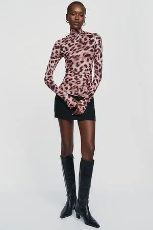AFRM Zadie Plus Long-sleeve Turtleneck Mesh Top - Warmth Leopard
