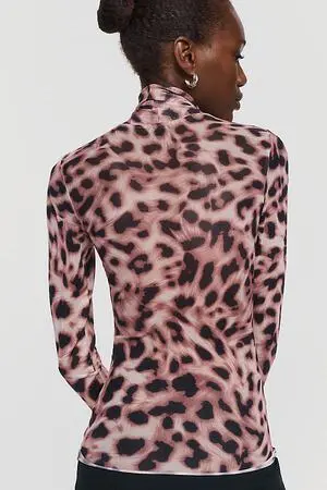 AFRM Zadie Plus Long-sleeve Turtleneck Mesh Top - Warmth Leopard