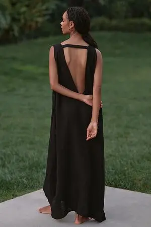 CELANDINE Plunge-neck Linen Blend Maxi Dress