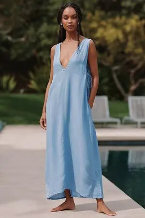 CELANDINE Plunge-neck Linen Blend Maxi Dress