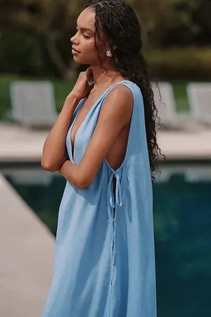CELANDINE Plunge-neck Linen Blend Maxi Dress
